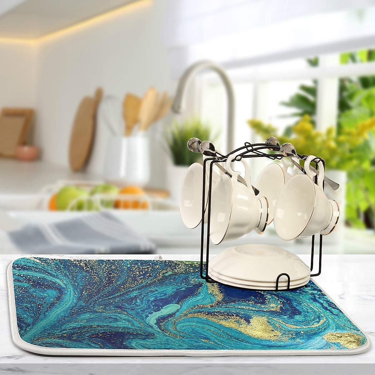 Marble Texture Blue Golden Dish Drying Mat 18x24 Inch Teal Turquoise Marbled Print Kitchen Counter Drying Mat Microfiber Dish Drying Rack Pad Reversible Dish Drainer Mats Washable Heat-Resistant