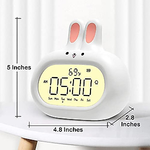 Rabbit Digital Alarm Clock with Day of Week Display, Cute Design Bunny Look, Easy Setting, Snooze, Night Light, Thermometer, Rechargeable, Kawaii Decor for Bedroom, Bedside, Adult, Kid, Gift, White