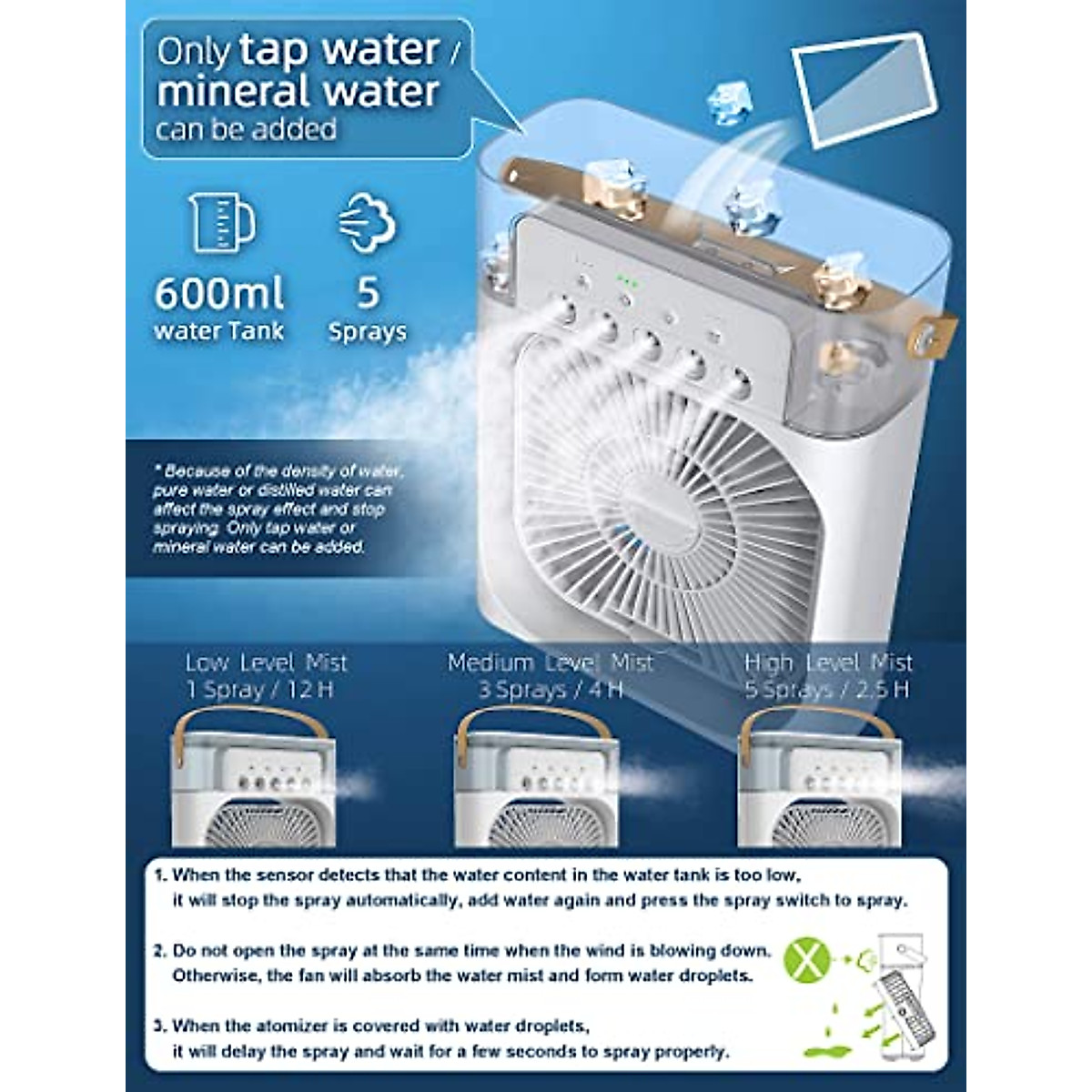 4-IN-1 Portable Air Conditioners Fan, Personal Mini Air Conditioner with 3-Speeds/5 Humidifier Misting Hole/7 Colors Light, USB Handle Evaporative Cooler with Auto Timer for Room Office Travel (ST-02)