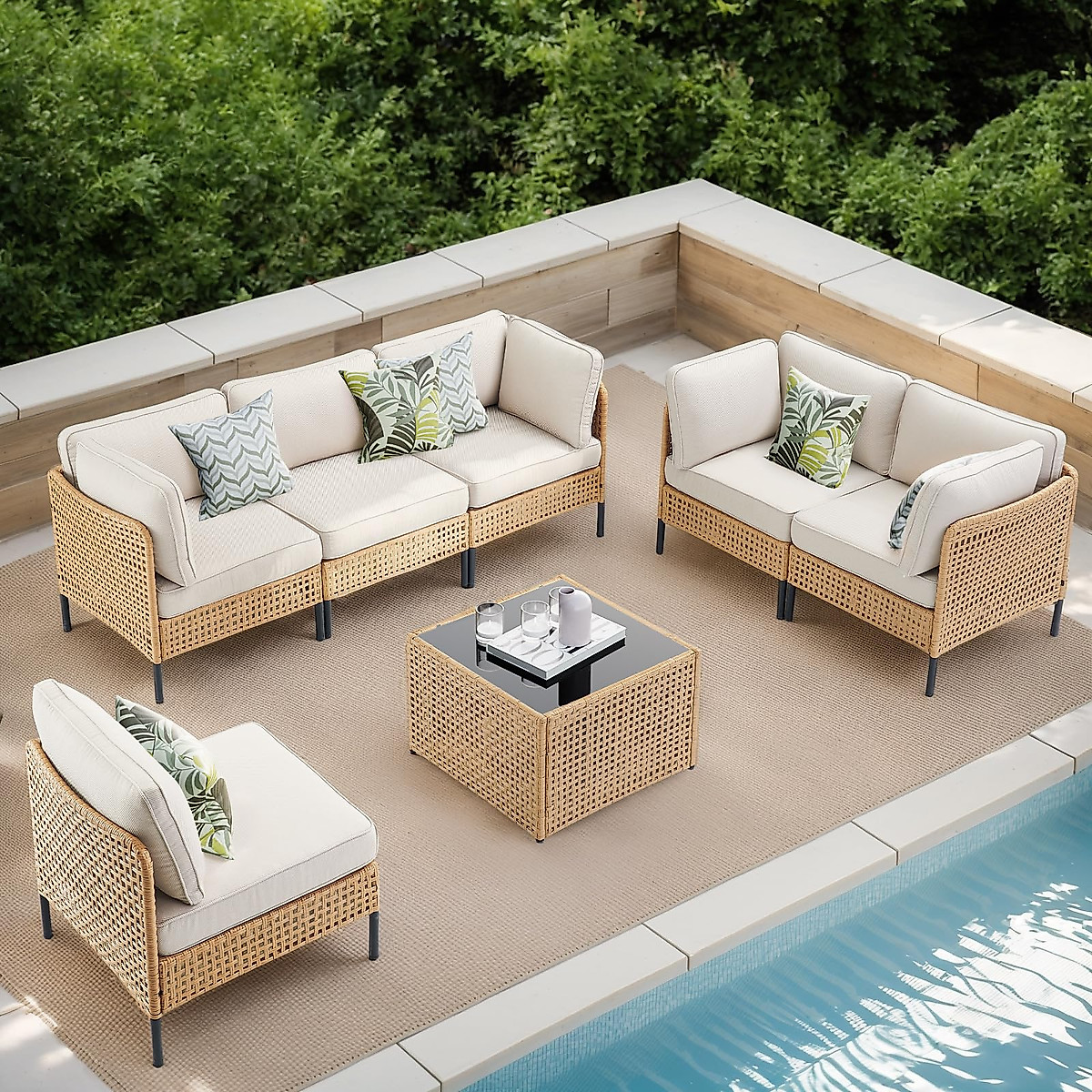 FEISHOMINOO 7 Piece Outdoor Patio Furniture Set, Oversize Outdoor Sectional Furniture, Rattan Chairs Glass Table Wicker Conversation Seating Sectional Sofa with Cushion Deep Seating for Porch