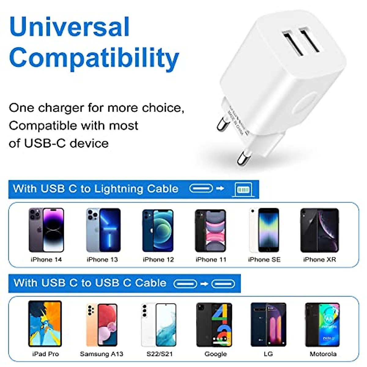 European Travel Plug Adapter Charger for iPhone Samsung Android Phone,International Power Adaptor with 2 Charger Port USB, EU Wall Charging Block Brick Plug in Europe Germany Outlets Power Strip