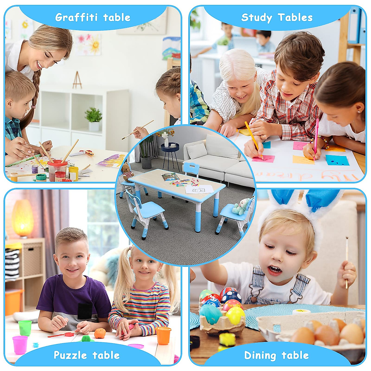 Arlopu Kids Table and 4 Chair Set, Height Adjustable Toddler Table and Chair Set, Non-Slip Legs, Graffiti Desktop, Large Children Activity Table, Reading Daycare Classroom Home (Blue)