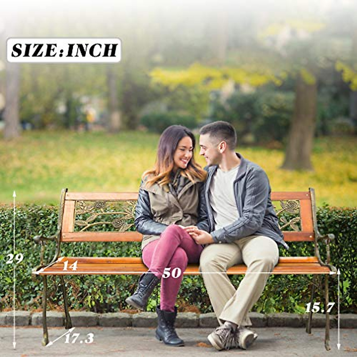 Metal Outdoor Bench Patio Bench Cast Iron Steel Frame Garden Bench Patio Furniture Chair Outdoor Bench w/Floral Design Backrest, Wood Slatted Seat for Park, Yard & Porch, Bronze