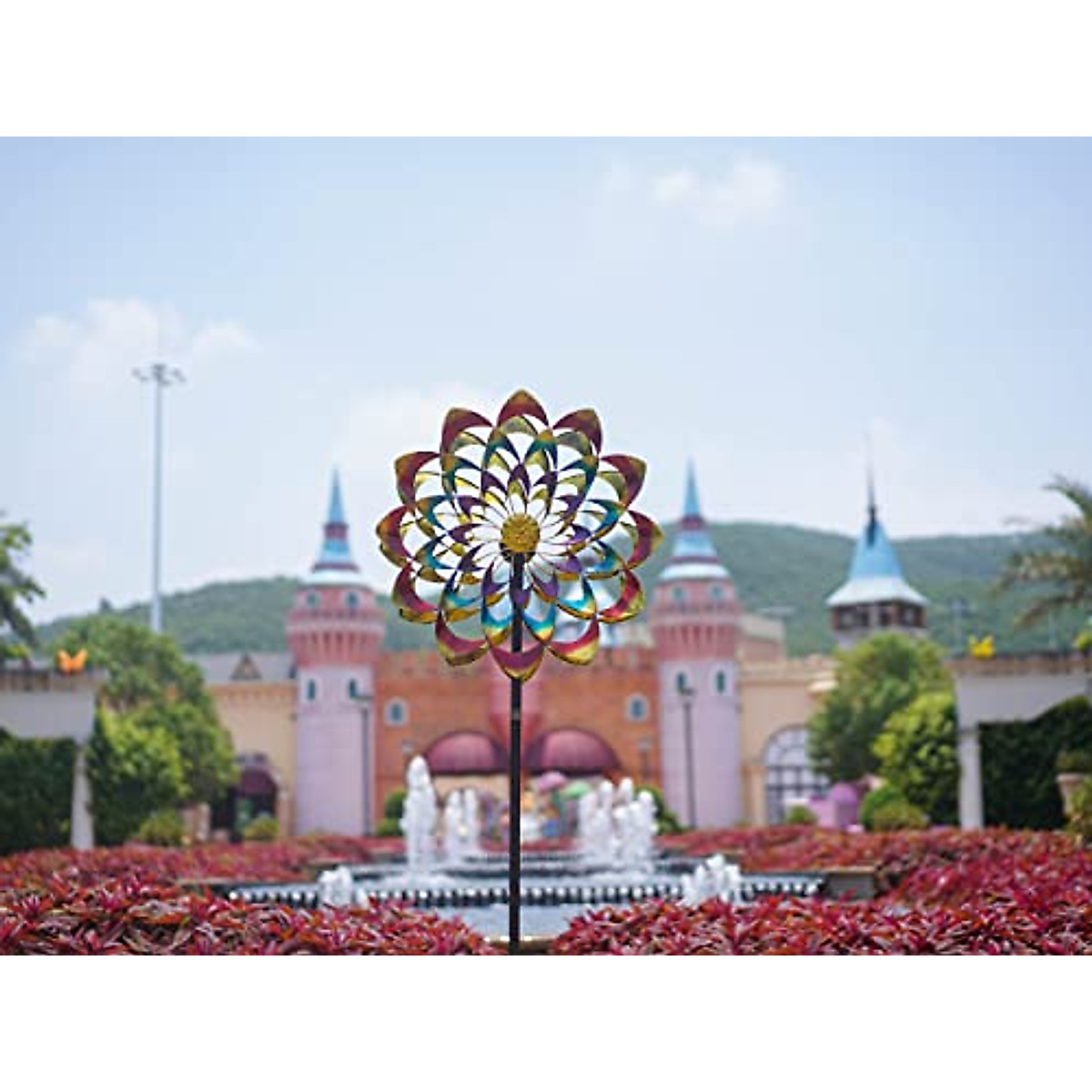 hourflik Rainbow Series Outdoor Garden Yard Art Decor Flower Windmill Pinwheel Wind Spinner with Ground Stake and Hanging Hook, Multi