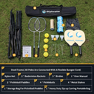 Olybeaka All-in-one Portable Badminton Net Pickleball Net Height Adjustable Kids' Volleyball Net Set for Backyard Beach Driveway Include 4 Aluminum Badminton Rackets + 2 Pickleball Paddles (10 ft)