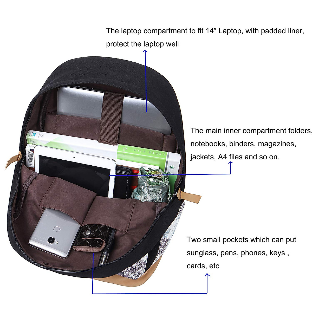 Bluboon School Backpack Set 3 Pieces Lightweight Canvas Teen Girls Bookbags Lunch Box Pencil Case (Black-flower)