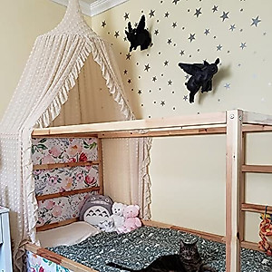 Kids Bed Canopy for Girls, Beige Crib Canopy Princess Hanging Children Canopy Tent, Toddler Girl Canopy Bed Netting for Baby Room Bedroom Reading Nook, Macrame Lace Boho Nursery Canopy with Pom Pom