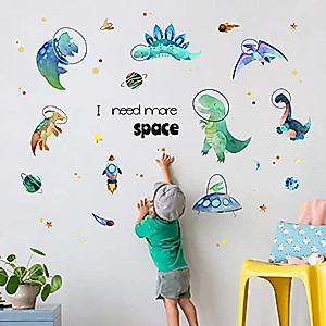 Yovkky Boys Space Dinosaurs Astronauts Wall Decal, Funny Peel Stick Dino Animal Planet Stickers Nursery Spaceship Rocket Decor, Home Baby Room Decorations Kids Bedroom Playroom Art Party Supply Gift