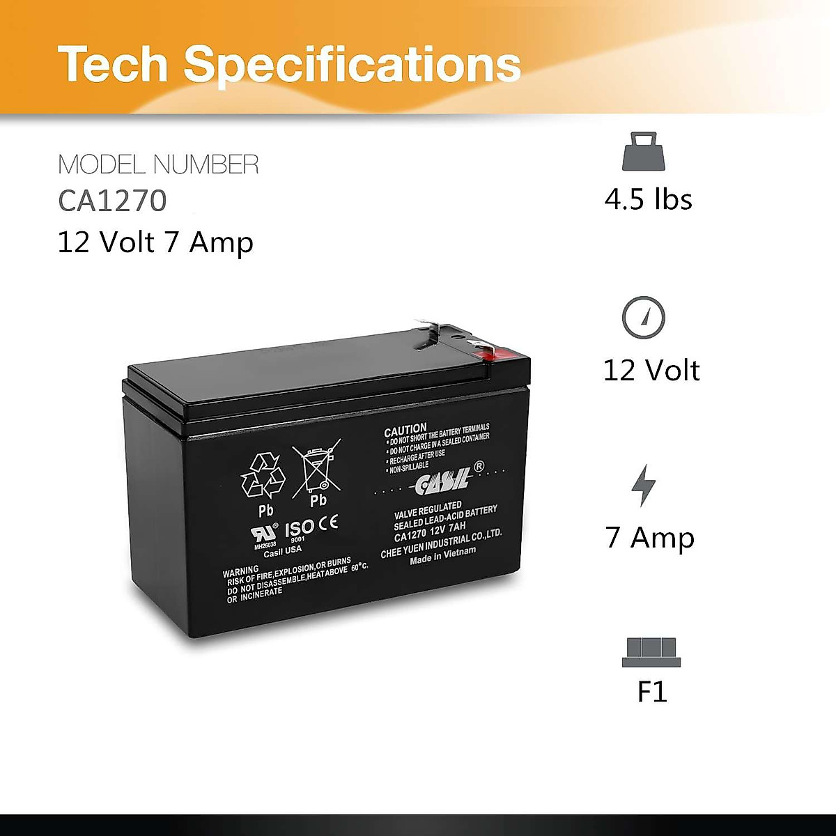 Casil 12v 7ah Deep Cycle Battery - 12v 7ah 20hr Battery AGM for Alarm System, UPS, Ride On Toys, and ADT Alarm System - Compatible with NP7-12, 6-DW-7, Johnlite, and Bateria 12v 7ah Models