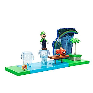 Super Mario Sparkling Waters Action Figures Playset Includes 2.5 Inch Luigi & Red Huckit Crab with Interactive Pieces