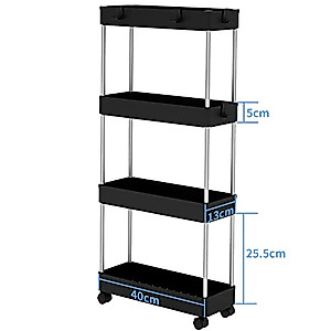 MuRealy Utility Rolling Cart 4 Tier - Multifunction Storage Organizer Cart with Wheels, Heavy Duty Utility Cart with Hooks, Slim Shelf Trolley for Cleaning Supplies Cosmetic and Kitchen Spice, Black