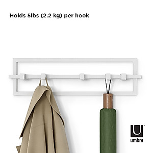 Umbra Cubiko Wall Mounted Modern, Sleek, Space-Saving Hanger with Retractable Hooks to Hang Coats, Scarves, Purses and More, 5, White