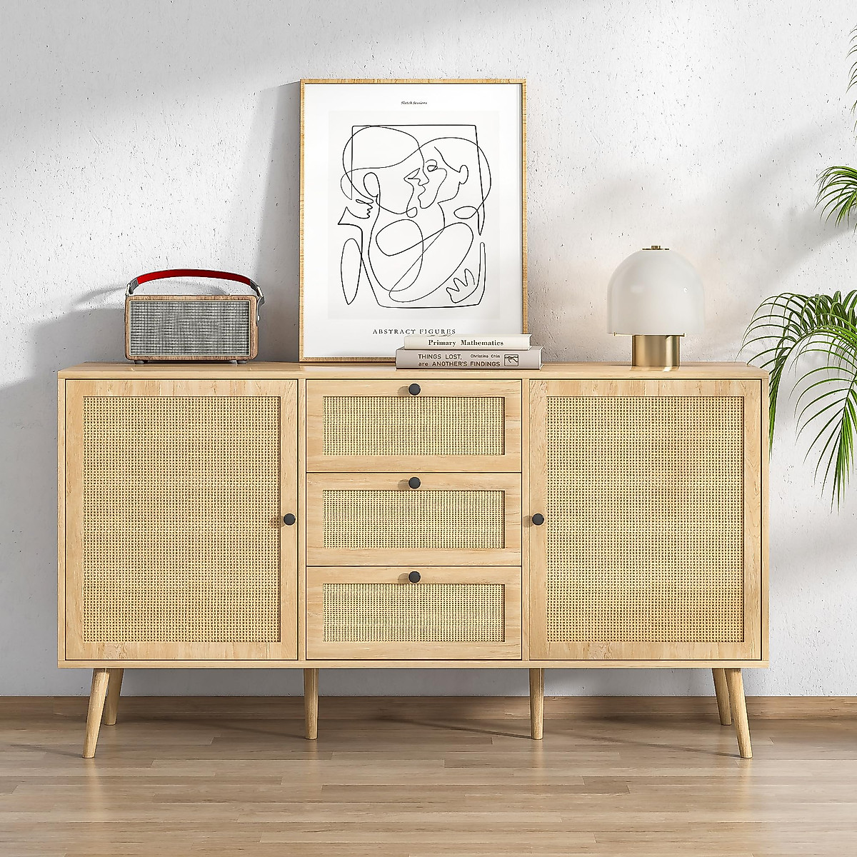Rattan Sideboard Buffets Cabinet Farmhouse Boho Buffet Sideboard with 3 Drawers and 2 Doors Storage Cabinet Adjustable Shelves Console Table Cupboard Accent Cabinet for Living Room Kitchen