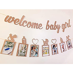 Baby Shower Decorations for Girl - Welcome Baby Girl Banner and Baby Shower Photo Banner for baby girl shower decor(rose gold)