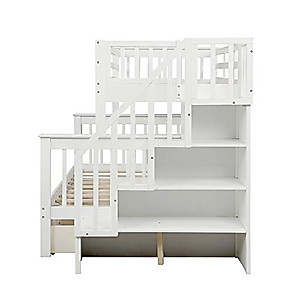Harper & Bright Designs bunk Bed Twin Over Full Size with Drawers,Storage Shelf and Stairway Wood Bunk Beds for Kids and Teenagers,Kids Bed with Full-Length Guard Rail,No Box Spring Needed, White