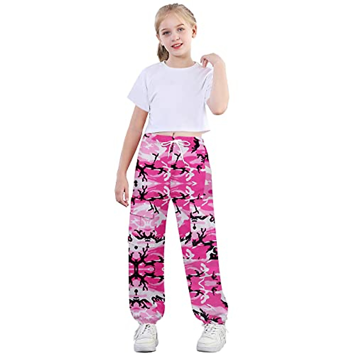 SANGTREE Girls Clothes 2 Piece Set, White Short Sleeve Crop Tops + Purple Camo Cargo Jogger Pants Clothes, 7-8 Years = Tag 140