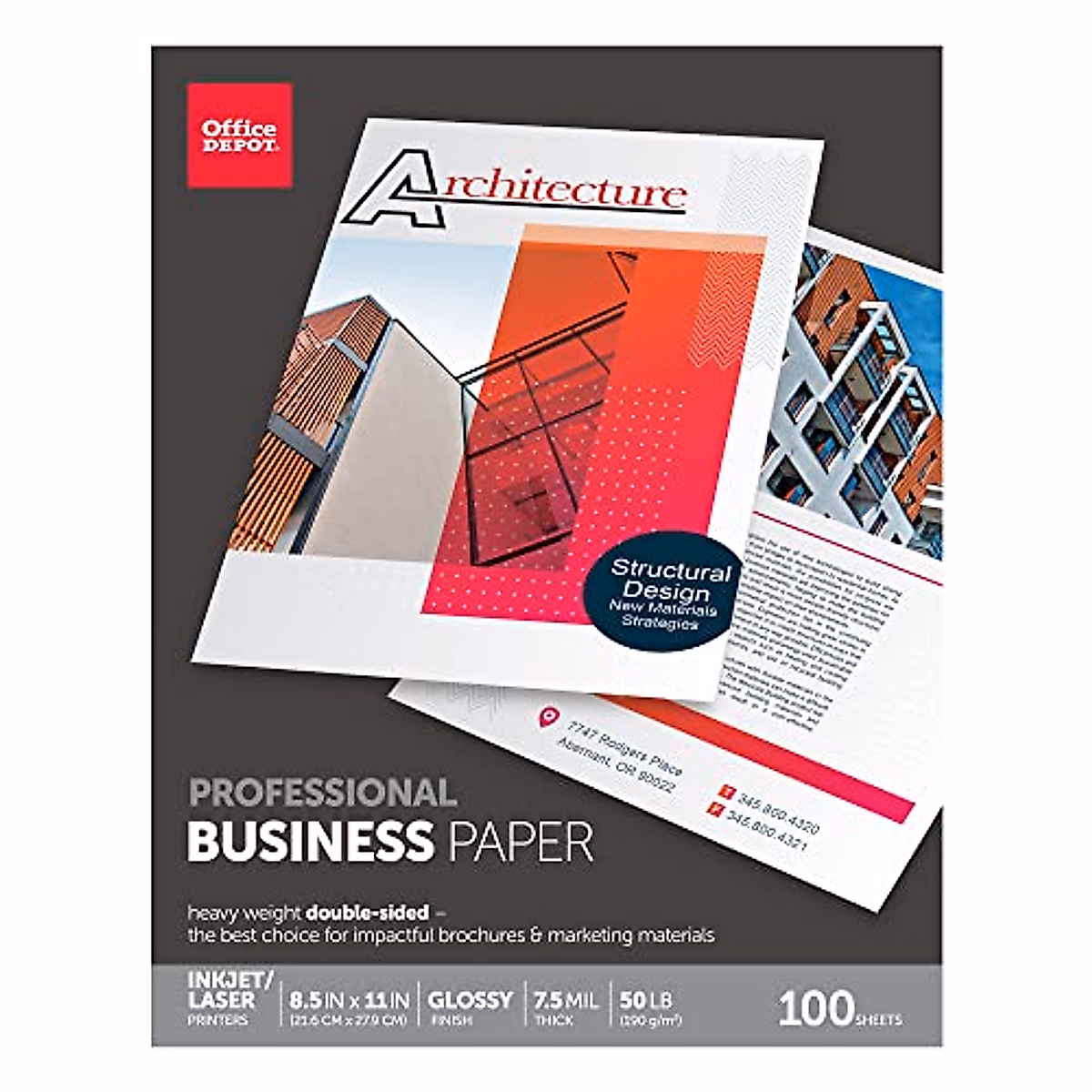 Office Depot Professional Brochure And Flyer Paper, Glossy, 8 1/2in. x 11in., 50 Lb, Pack Of 100 Sheets, 124213
