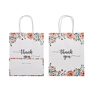 50 Pack Medium White & Spring Floral Thank You Paper Gift Bags with Handles 10 x8 x4 Inches and Pink Tissue Paper for Small Business Wedding Baby Shower Birthday Party Favors Goodies