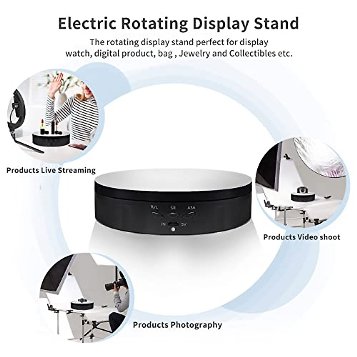 2 in 1 Motorized Rotating Display Stand with Mirror Sticker,Motorized Lazy Susan Turntable Spinning Display 5.74" with 8.7 Inch Replacement Cover for Photography Show Platform (Black,Without Remote)