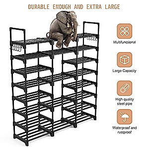 VTRIN Shoe Rack Shoe Organizer 8 Tiers Shoe Rack for Entryway Holds 46-50 Pairs Shoe and Boots Shelf Organizer Storage Organizer Durable Metal with Versatile Hooks Wooden Hammer for Bedroom Black