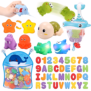KaeKid Baby Bath Toys, 36 Foam Bath Letters & Numbers, Light up Bathtub Toys, Water Spray & Squeeze Bath Set with Fishing Net & Organizer Bag, Bath Water Toys for Kids Toddlers Gifts 18 Months