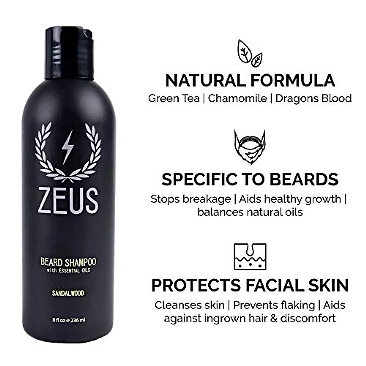 ZEUS Deluxe Beard Wash & Care Set – With Beard Wash, Refined Beard Oil & Palm Beard Brush (Sandalwood)