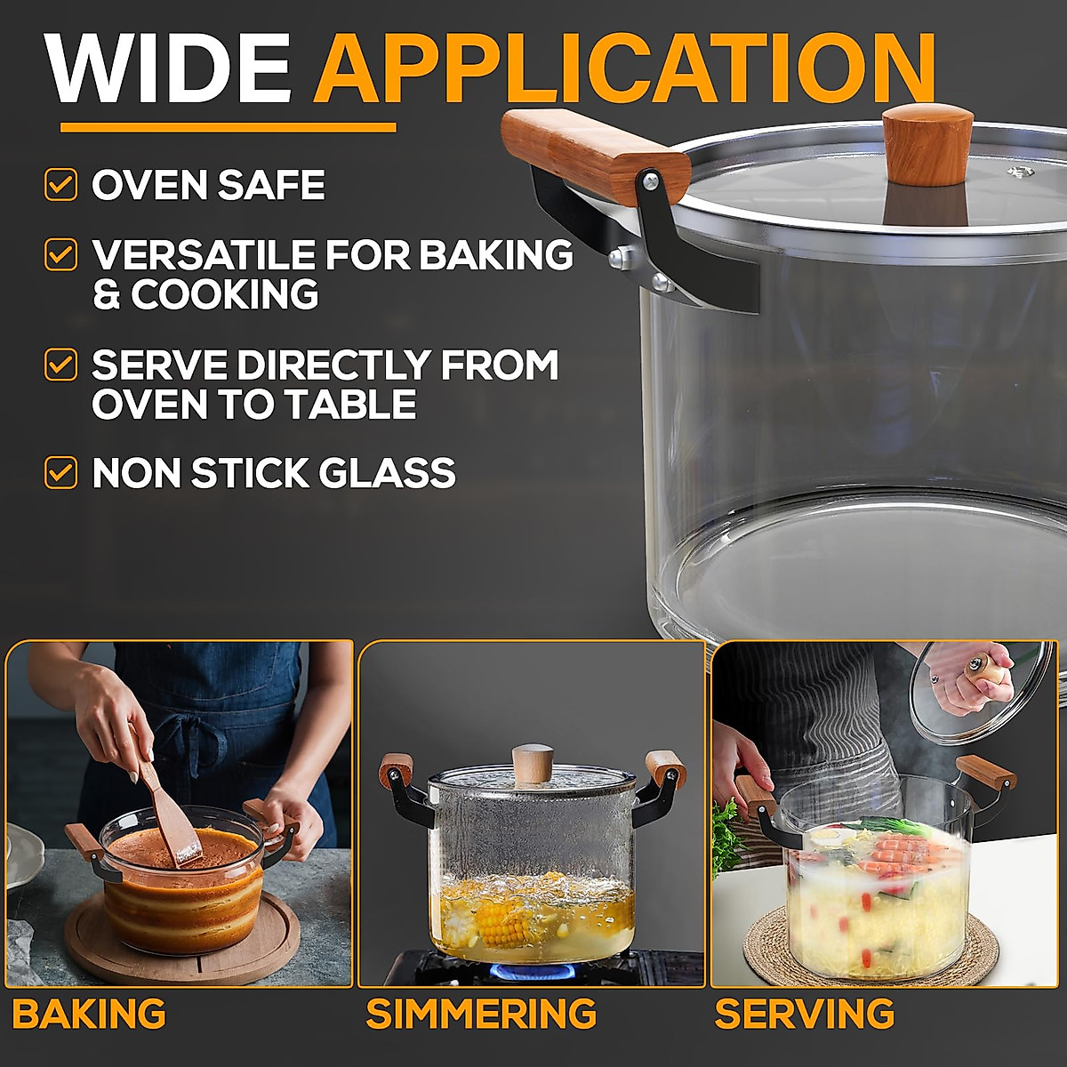 4.0L Glass Pot - glass cooking pot, clear pot for cooking with Wooden Handle and Clear Lid