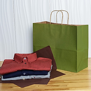 Green Gift Bags – 16x6x12 Inch 50 Pack Large Olive Green Kraft Shopping Bags with Handles, Euro Tote Retail Bags for Small Business & Boutique, Holiday Gifts, Wedding Guests, Birthday Parties, Bulk