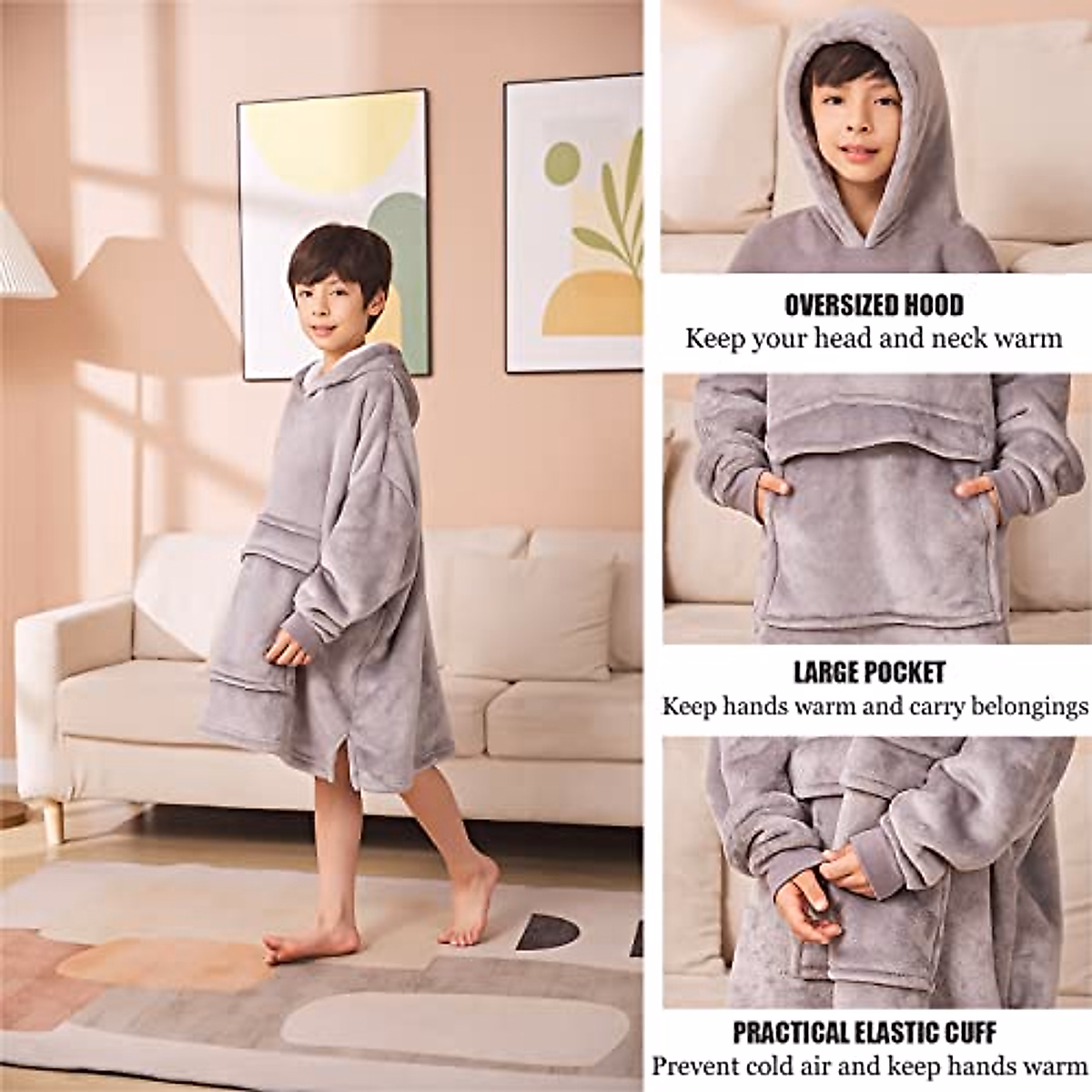 Blanket Hoodie Kids, Oversized Wearable Blanket Sweatshirt with Hood Pocket&Sleeves, Soft Thick Flannel Sherpa Hooded Blanket for Teens Boys Girls