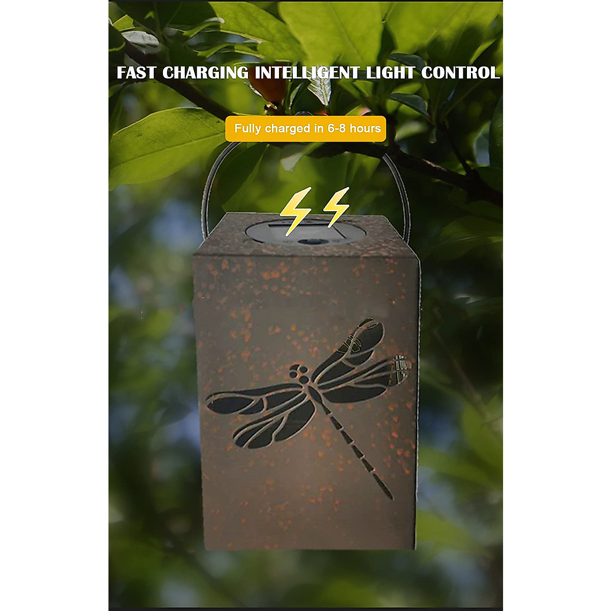 2 Pack Solar Lantern, Outdoor Hollow Dragonfly Hanging Lamp Garden Iron Lawn Projection Lamp, Waterproof Led Flashing Flameless Candlestick Task Lamp, Used for Porch Courtyard Lawn Passage