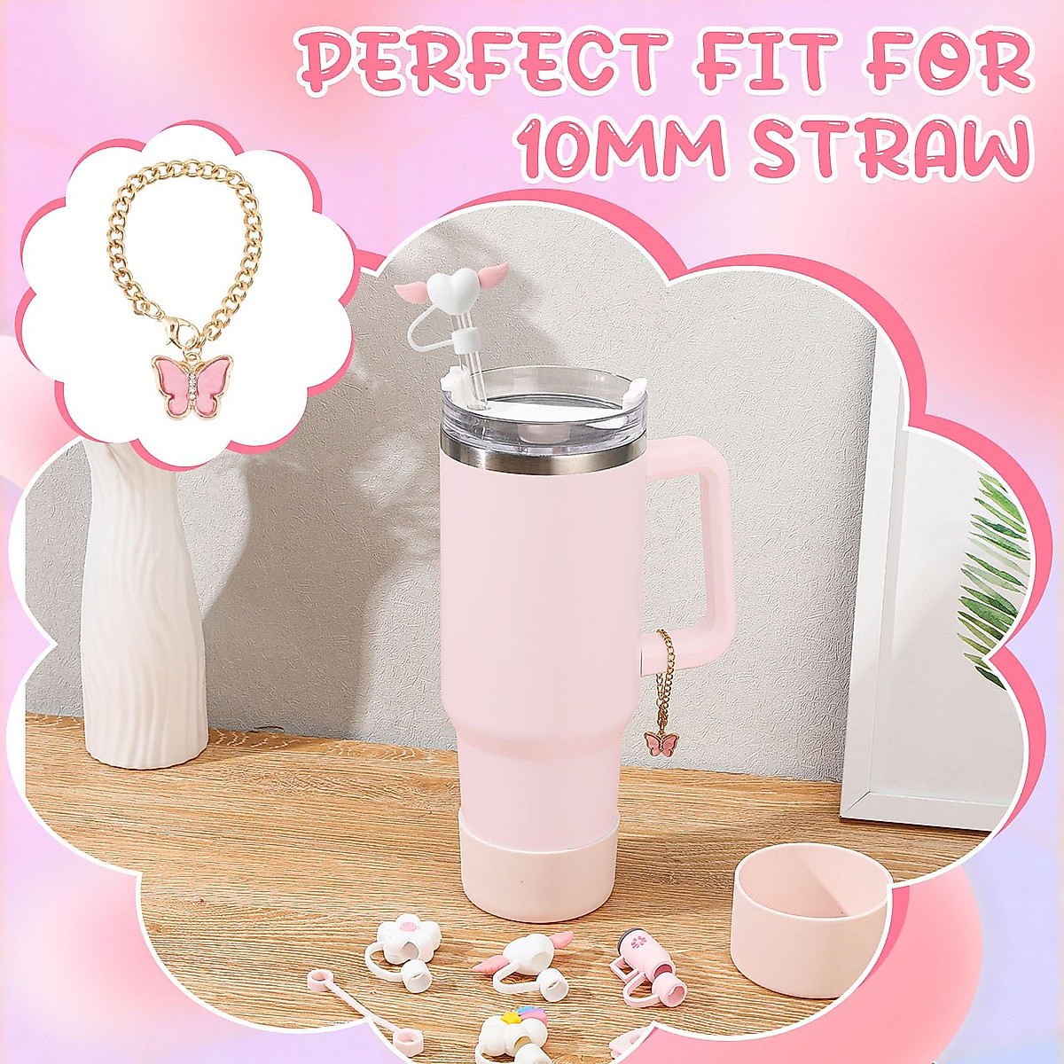 XLSXEXCL 18 Pcs Rose Quartz Cup Accessories for Stanley,Including 9 Pcs Silicone Spill Stopper for Stanley,5 Pcs Straw Cover Cap for Stanley,2 Pcs Charms and Bottom Protector for Stanley Cup 30&40Oz