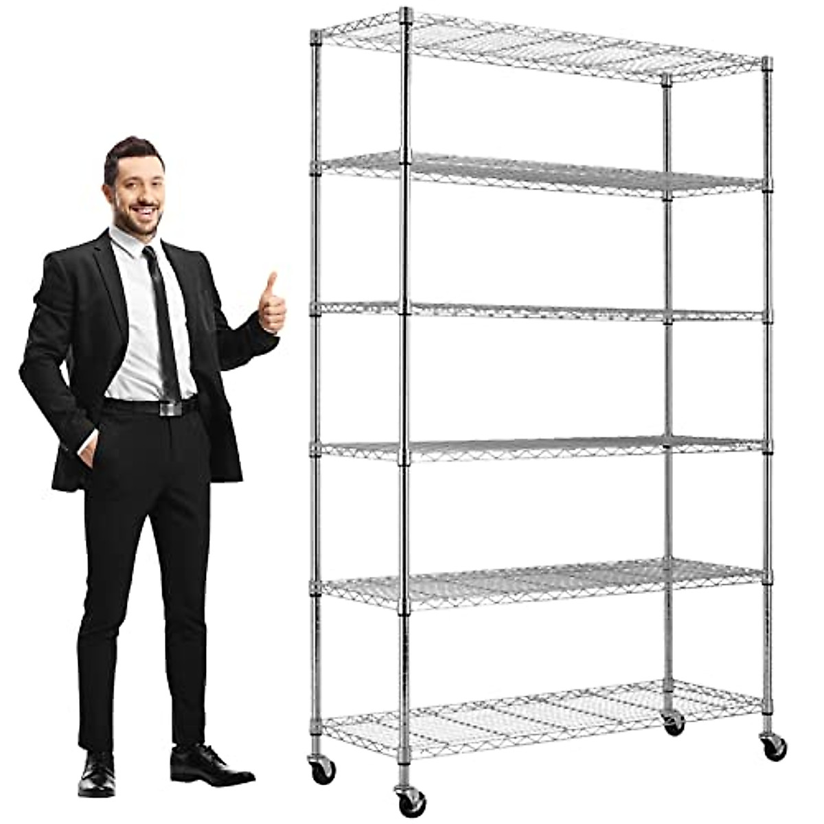 YYkokocat 6-Tier Adjustable Storage Shelves Heavy Duty Wire Shelving Unit with Wheels 2100Lb Metal Layer Rack Shelf NSF Shelving for Closet Kitchen Garage, 82" H x 48" L x 18" D - Chrome