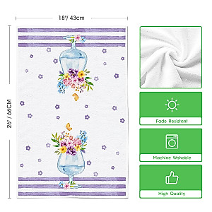 Artoid Mode Purple Stripes Flowers Bloom Spring Kitchen Towels Dish Towels, 18x26 Inch Seasonal Summer Holiday Decoration Hand Towels Set of 2
