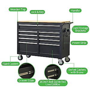 Rolling Tool Chest Cabinet Mobile Tool Storage Cabinet with Rubber Wood Top & 9 Drawers, Rolling Tool Box Heavy Duty Workstation Workbench for Garage, Workshop with Power Strip, 1500lbs Load Capacity