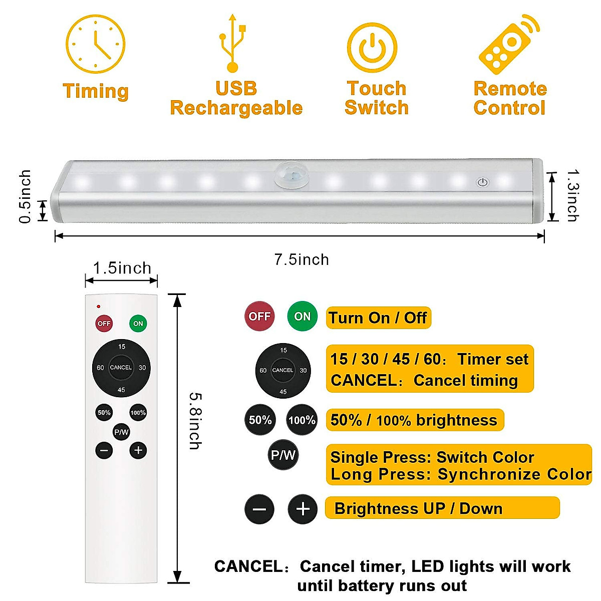 Remote Control Under Cabinet Lighting Wireless 6 Pack, 20-LED Dimmable Closet Lights Rechargeable Under Counter Light, Stick on Touch Night Light Strip Bar for Kitchen Stairway Bedroom, 3 Colors