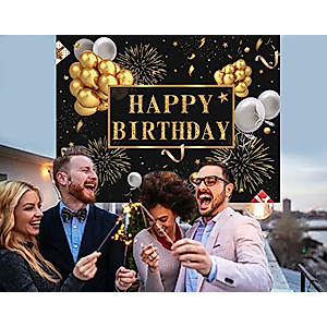 Saliyaa 7x5ft Happy Birthday Backdrop Banner, Birthday Party Decor,Black Gold Poster Photo Booth Backdrop Background Banner for Men Women 30th 40th 50th 60th 70th 80th Bday Party Supplies