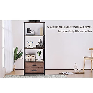 Industrial Wood Bookcase with Two Drawers, Book Storage Rack with Open Display Shelves 4-Tier Open Etagere Bookcase with Adjustable Foot Pads for Living Room, Bedroom, Office, Brown