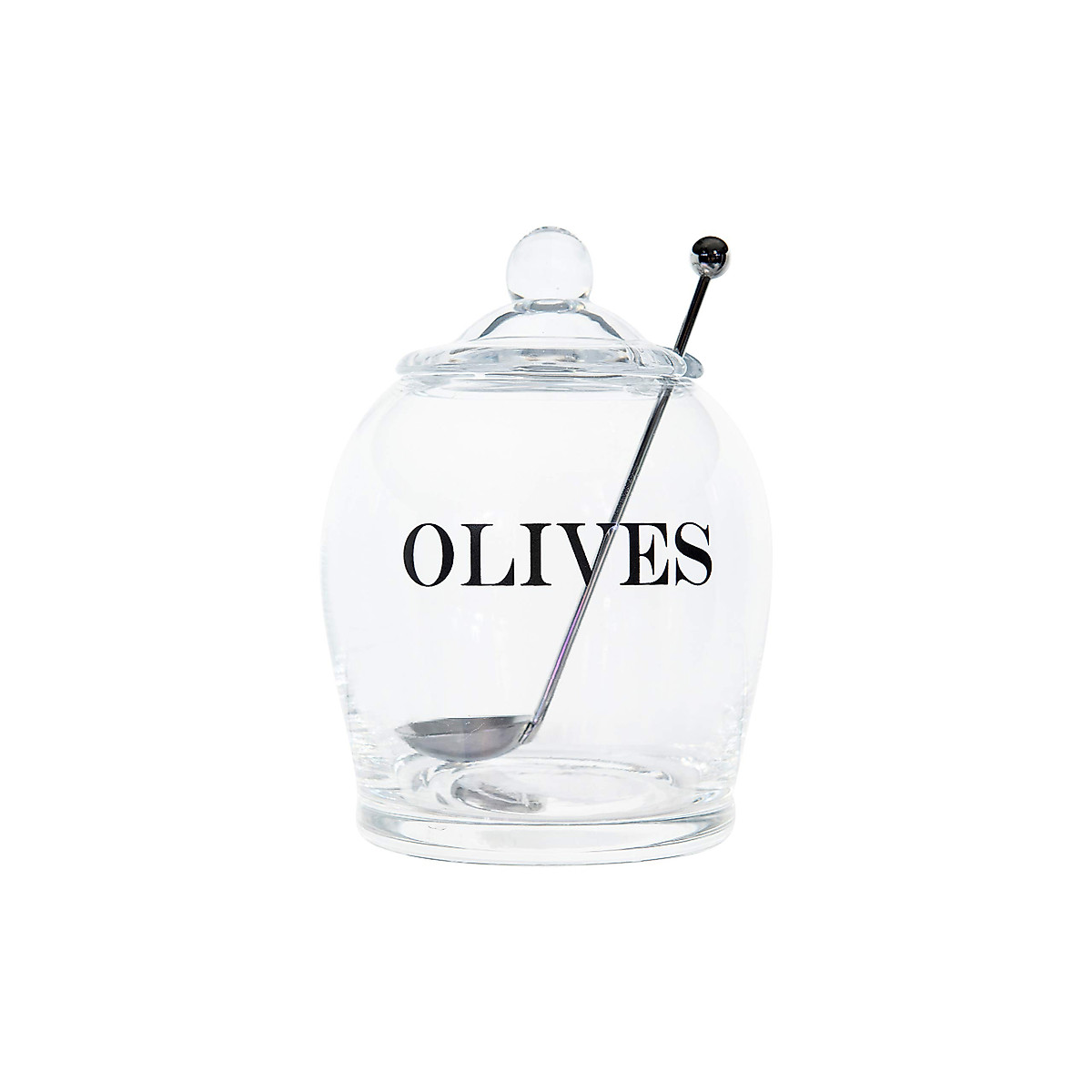 Creative Co-Op Clear Glass "OLIVE" Jar with Lid & Slotted Stainless Steel Spoon (Set of 3 Pieces including Lid)