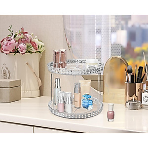 2 Tier Diamond Lazy Susan Bathroom Organizer Countertop, Clear 360 Rotating Cosmetic Makeup Organizer for Vanity, Skincare Organizers Perfume Organizer for Counter - Organization and Storage -9.25INCH