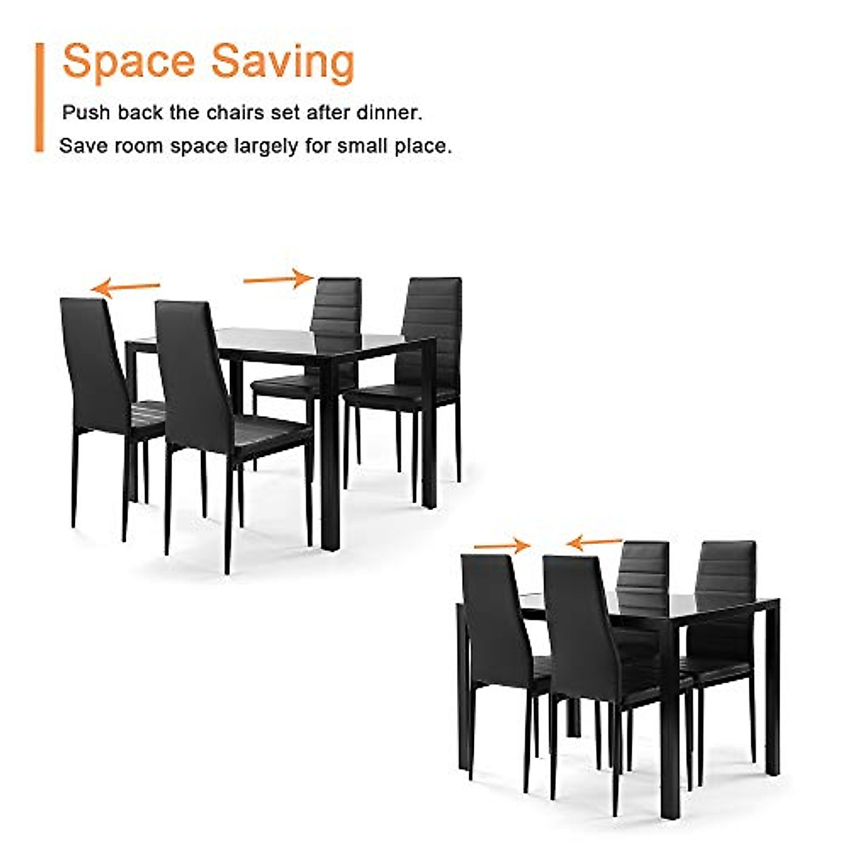 SLEERWAY Kitchen Dining Table Set for 4 People, Thickened Tempered Glass Desktop Kitchen Table and 4 Leather Chairs with Cushion, Modern Dining Room Sets for Small Space, 5 Pieces