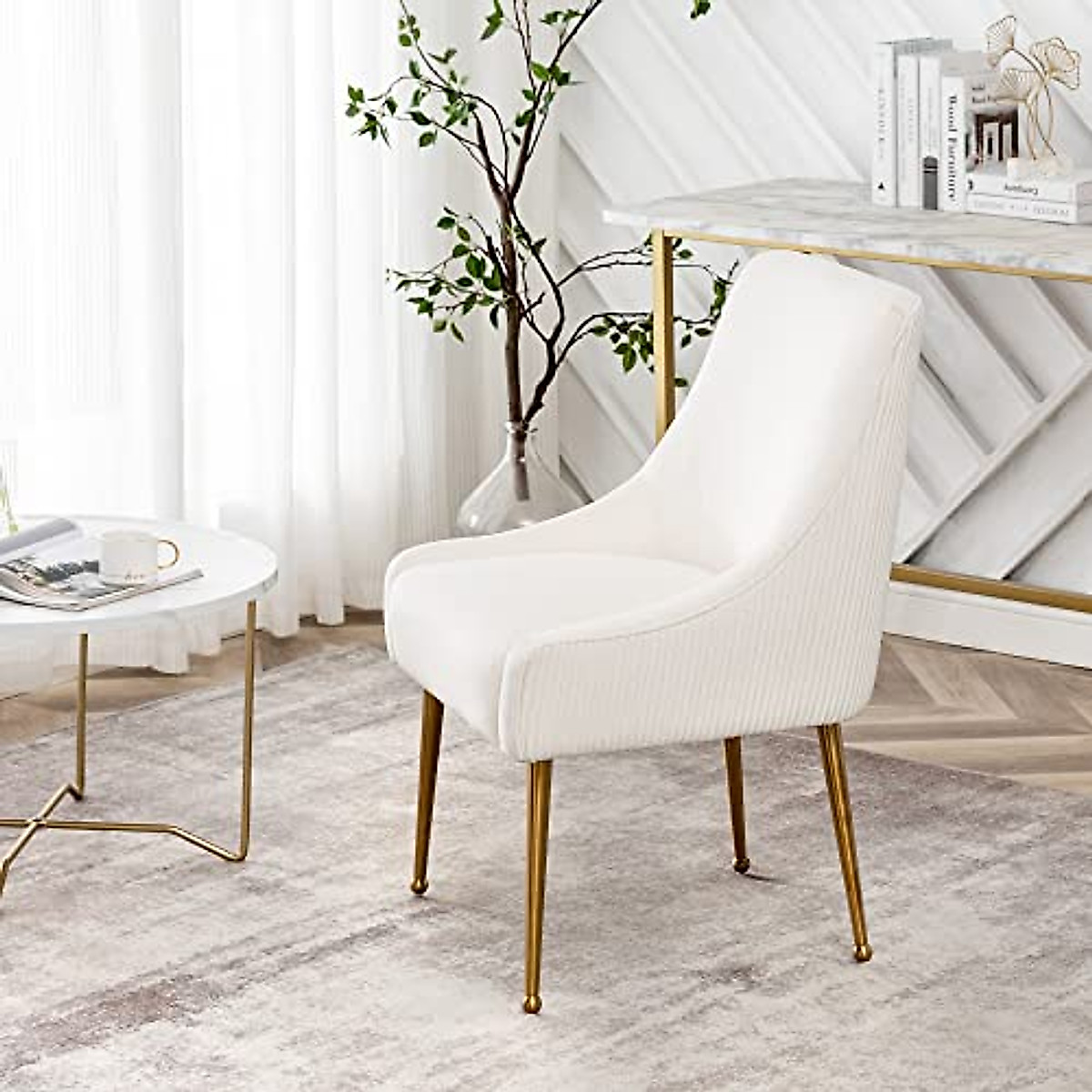 KINWELL Upholstered Dining Chairs, Modern Accent Side Chair with Pleated Back and Pull Handle, Velvet Armchair Desk Chair with Gold Metal Legs for Living Room, Home Office,Vanity(Beige)