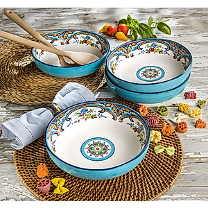 Euro Ceramica Zanzibar 16-Piece Dinnerware Set + Pasta Bowl Set | Vibrant Floral Spanish Design Tableware
