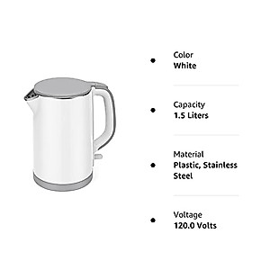 Electric Kettle, Double Wall 100% Stainless Steel Cool Touch Tea Kettle with 1500W Fast Boiling Heater, Auto Shut-Off & Boil Dry Protection, BPA-Free, White