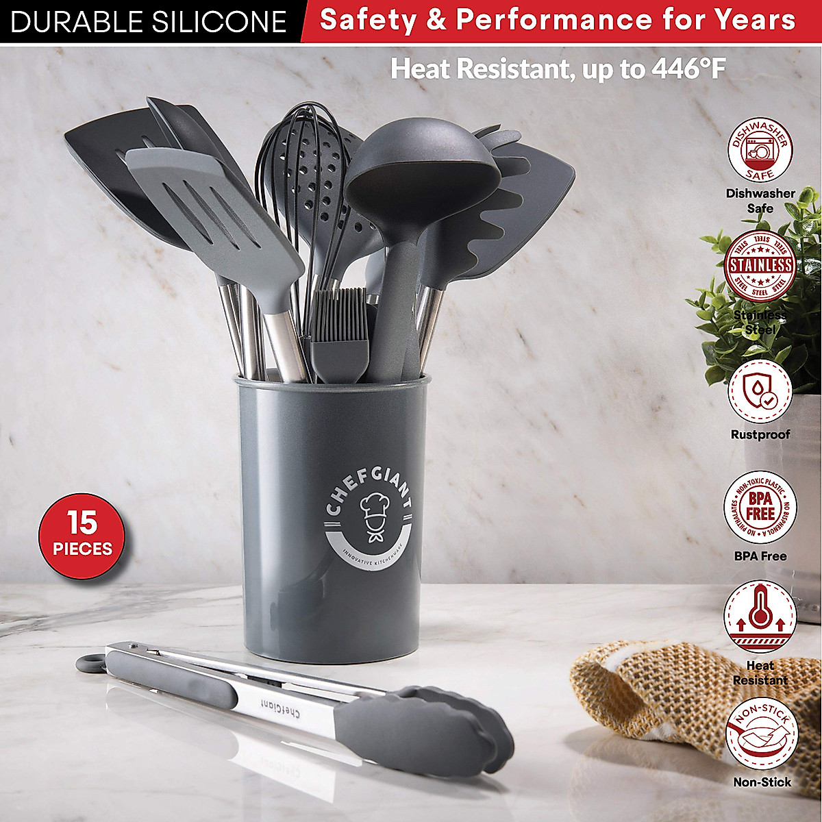 Silicone Cooking Utensils Set - Stainless Steel Handle, 15 Piece Kitchen Utensil Sets | Nonstick, Heat Resistant, BPA Free & Dishwasher Safe | Grey