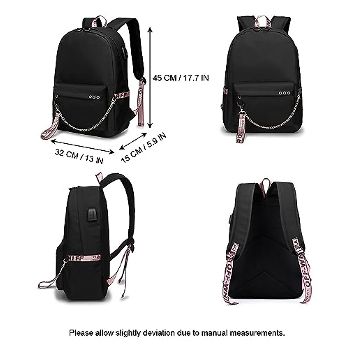 WANHONGYUE My Hero Academia Anime Rucksack 15.6 Inch Laptop Backpack Bookbag with Keychain Stainless Steel Chain Black / 15