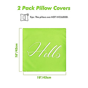 Lewondr Waterproof Throw Pillow Cover, 2 Pack Hello Printing Outdoor Throw Pillow Case UV Protection Garden Cushion Cover for Patio Sofa Couch Balcony Decor 18"x18"(45x45cm), Fluorescent Green