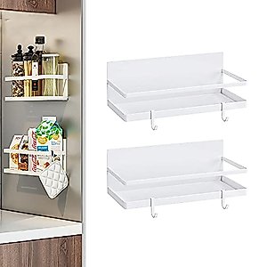 Gerguirry Magnetic Spice Racks White, Magnetic Shelves for Refrigerator Kitchen Shelf Organizers and Storage with 4 Removable Hooks Easy to Install（2 Pack