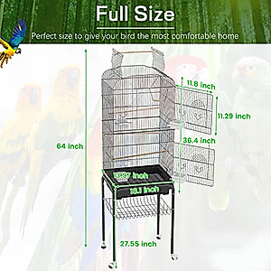 Jehiatek 59 Inch Bird Cage with Rolling Stand, Parakeets Cage with Open Top Roof, Tall Bird Cage Metal Bird Cage for Medium Small Cockatiel Canary Conure Finches, Black, Easy to Install