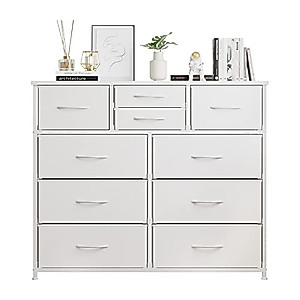 LUMTOK 10-Drawer Dresser, Fabric Storage Dressers Drawers for Bedroom, Hallway, Nursery, Closets, Steel Frame, Wood Top, Easy Pull Handle (White)