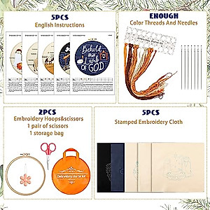 Tigeen 5 Sets Embroidery Starter Kit for Beginners Adults Kids Cross Stitch Embroidery Kit for Christian Christmas with Instructions Embroidery Hoops Needles Colored Threads Needle Threader (Jesus)
